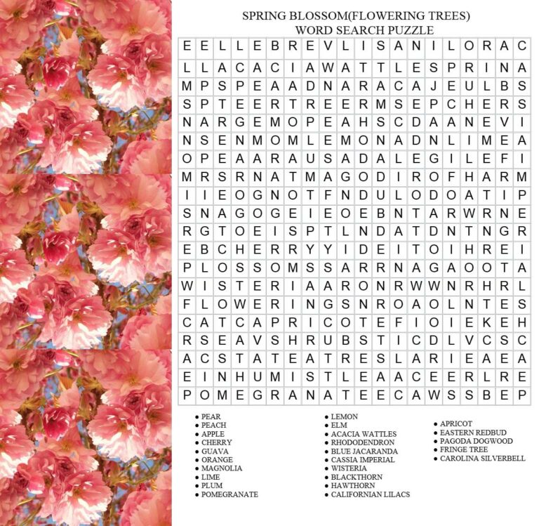 Spring blossom(flowering trees) free word search puzzle - Crafters Media